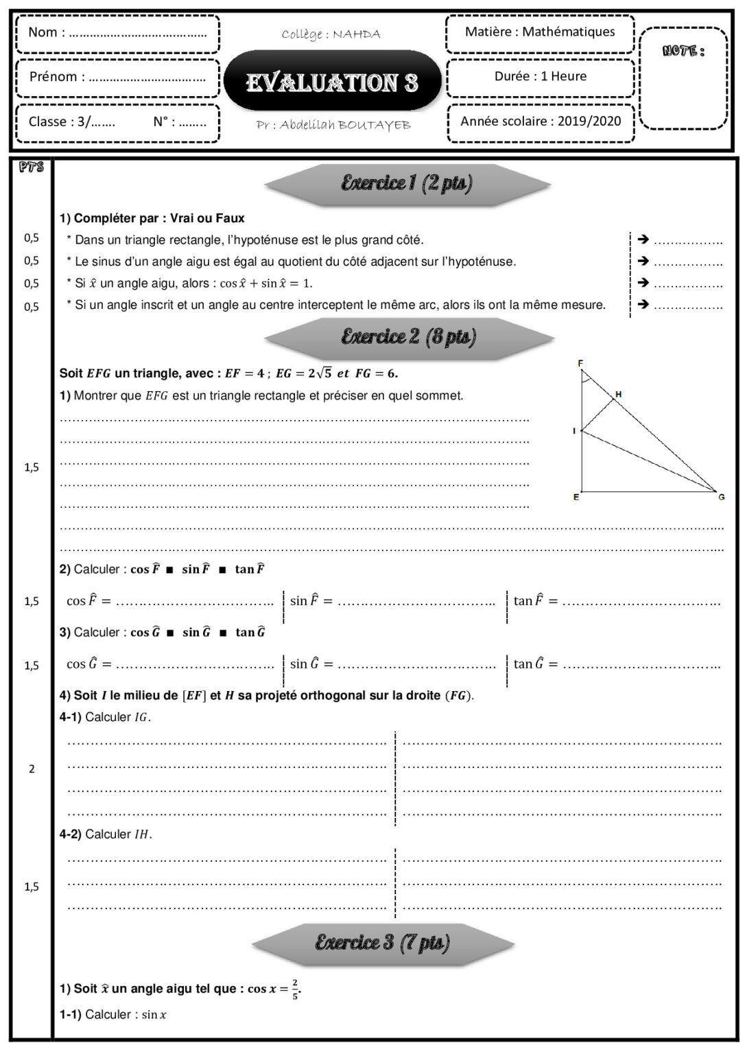 Devoirs Corrigés Maths N°3 S1 3AC - Dyrassa