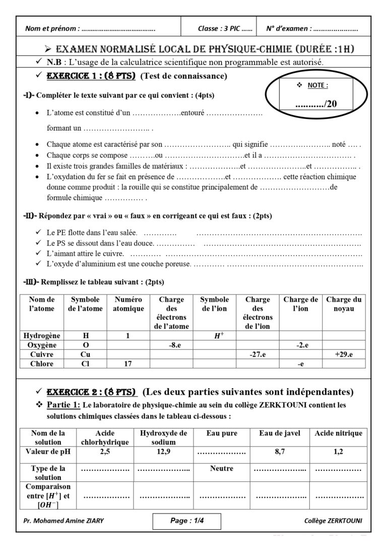 Examens locaux corrigés Physique 3AC