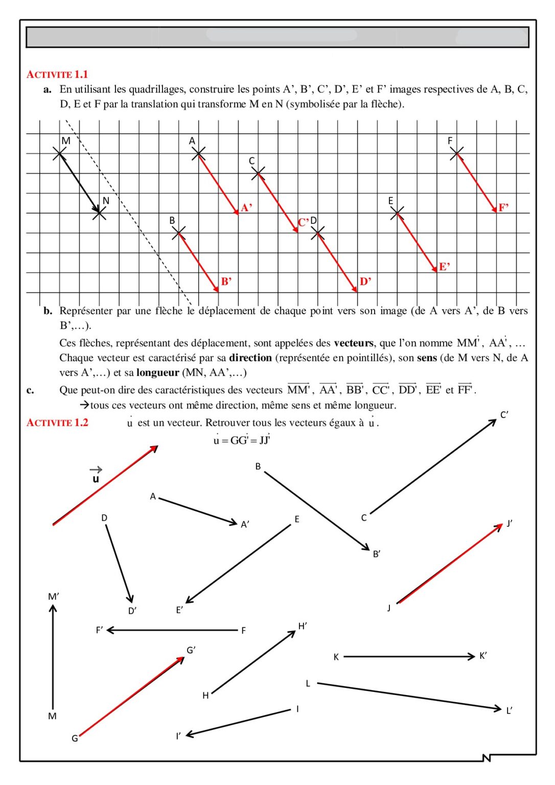 Vecteurs et translation exercices corrigés - 2AC