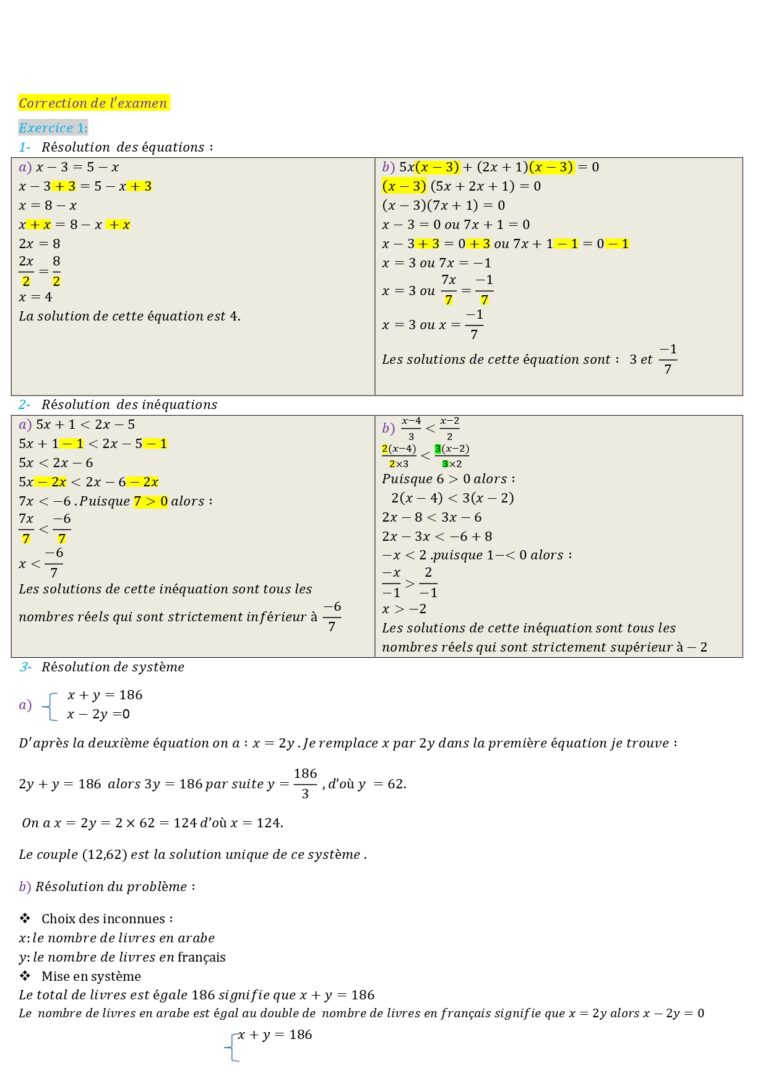Examens régionaux corrigés mathématiques 3AC
