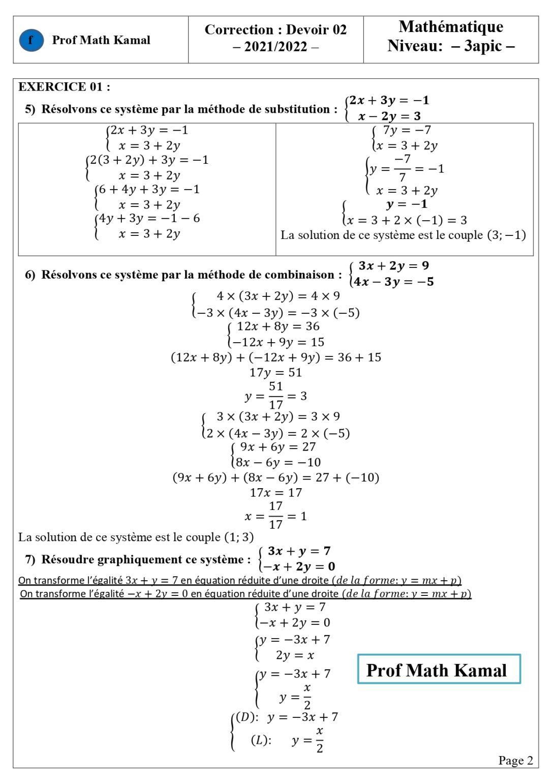 Devoirs Corrigés Maths N°2 S2 3AC
