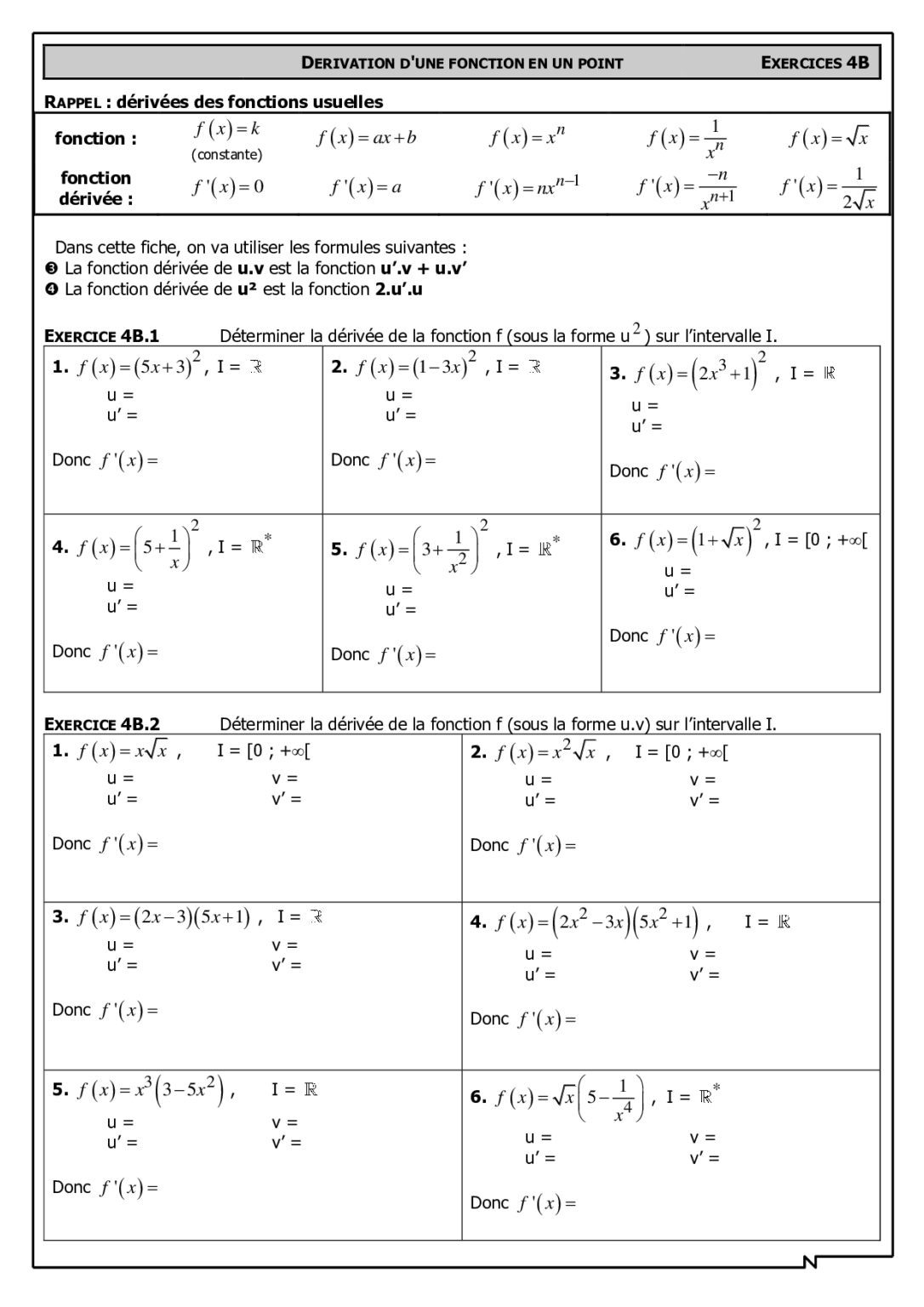 Dérivation d'une fonction Maths 1ère ES exercices corrigés