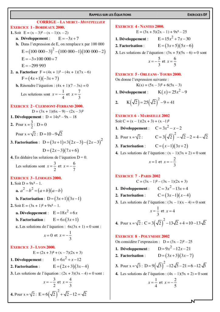 Les équations du premier degré Maths seconde exercices corrigés