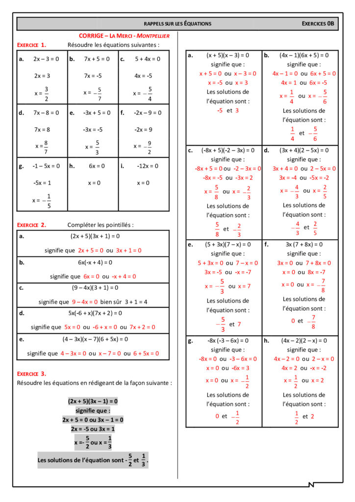 Les équations du premier degré Maths seconde exercices corrigés