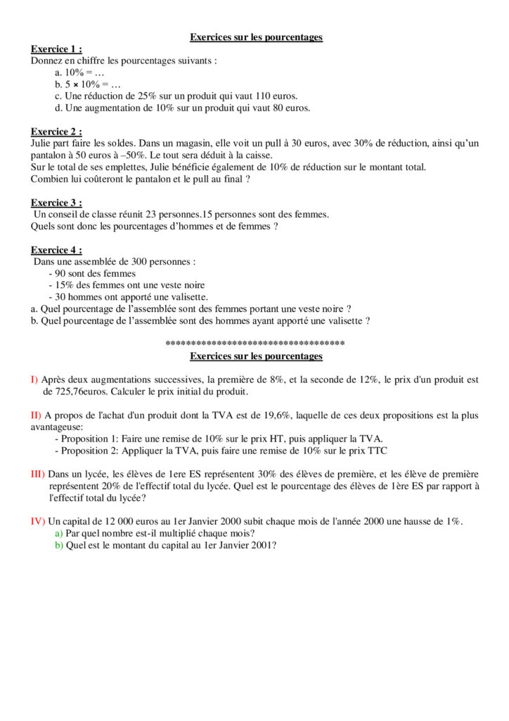 Pourcentages Maths 1ère ES exercices corrigés