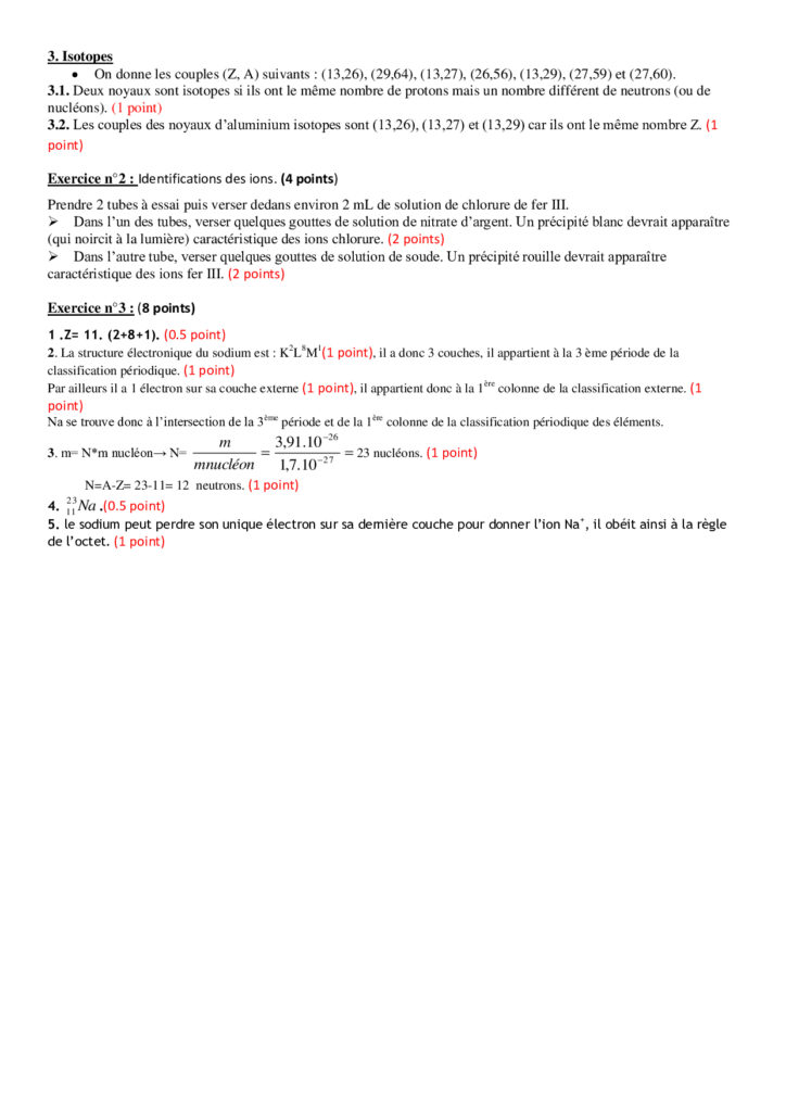 L’élément chimique Physique et Chimie Seconde exercices corrigés