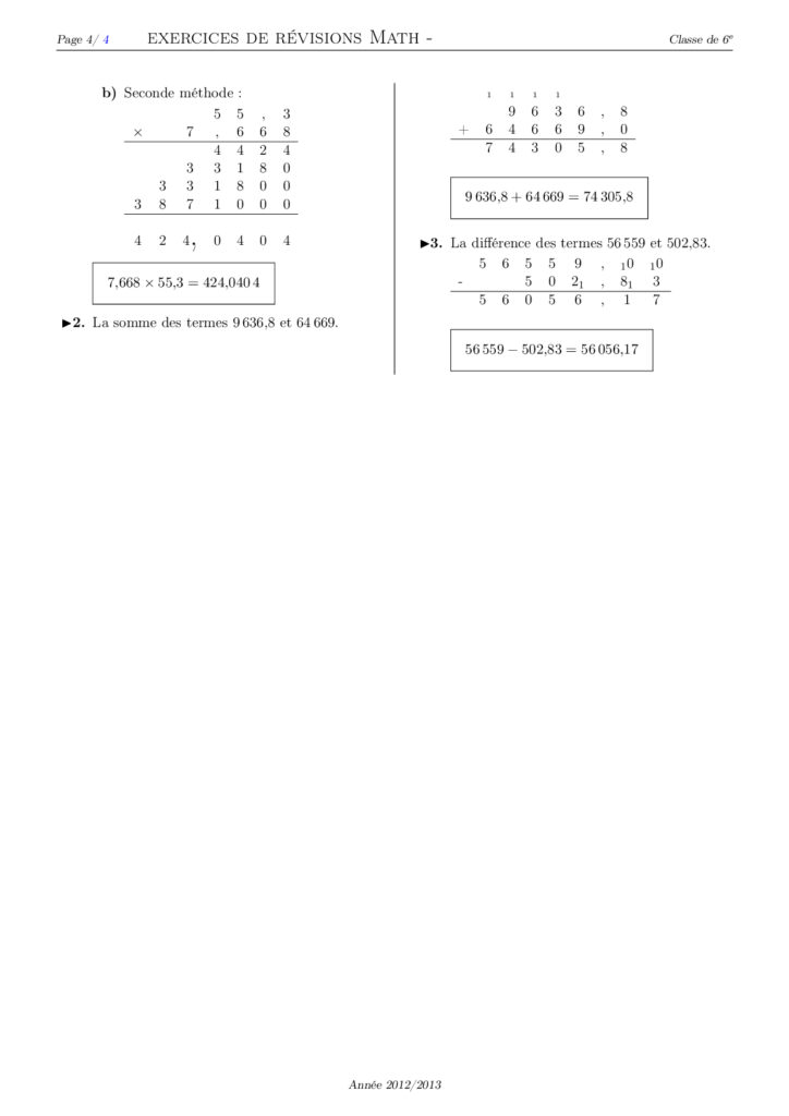 Opérations sur les nombres décimaux 6ème exercices corrigés