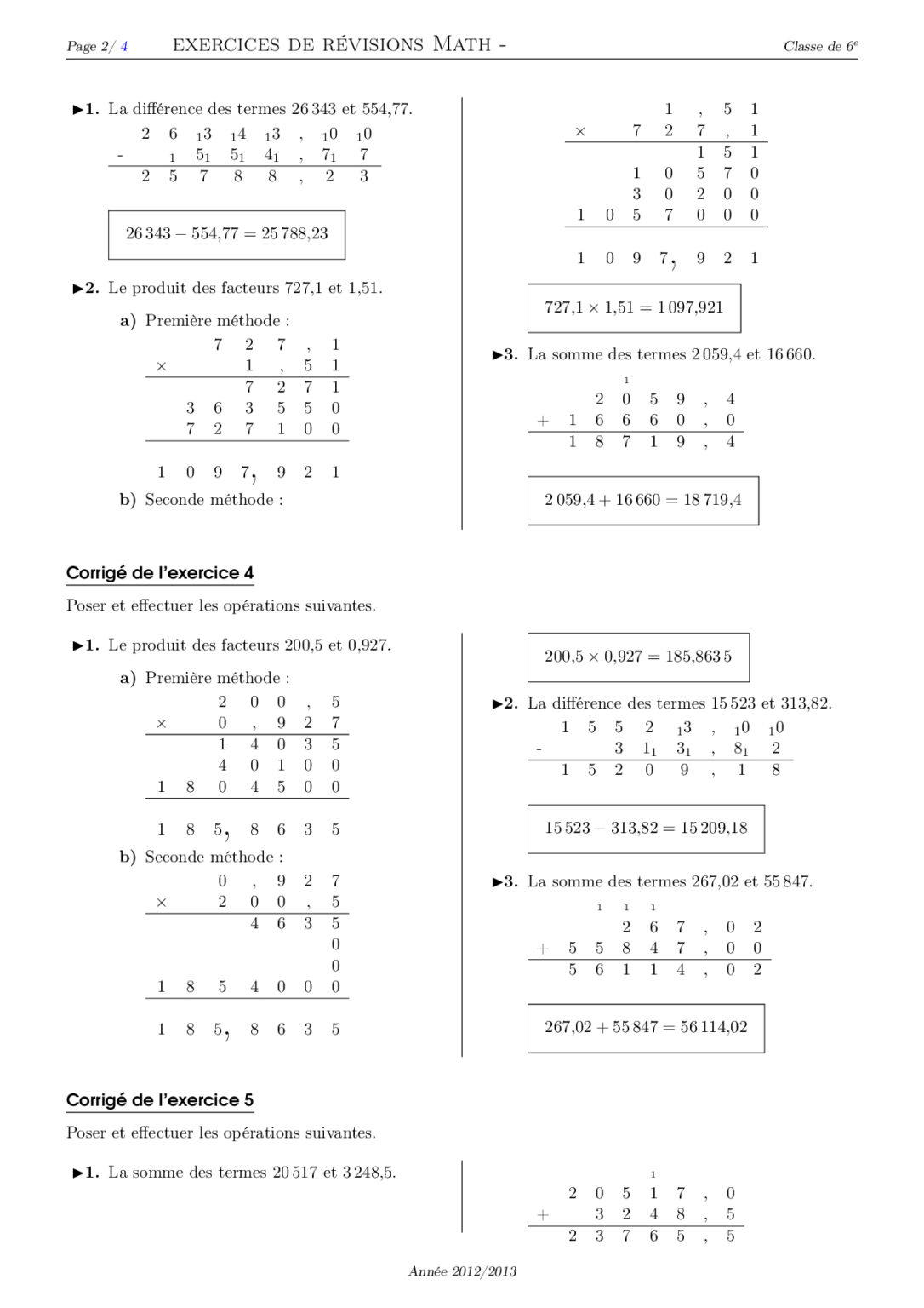 Opérations sur les nombres décimaux 6ème exercices corrigés