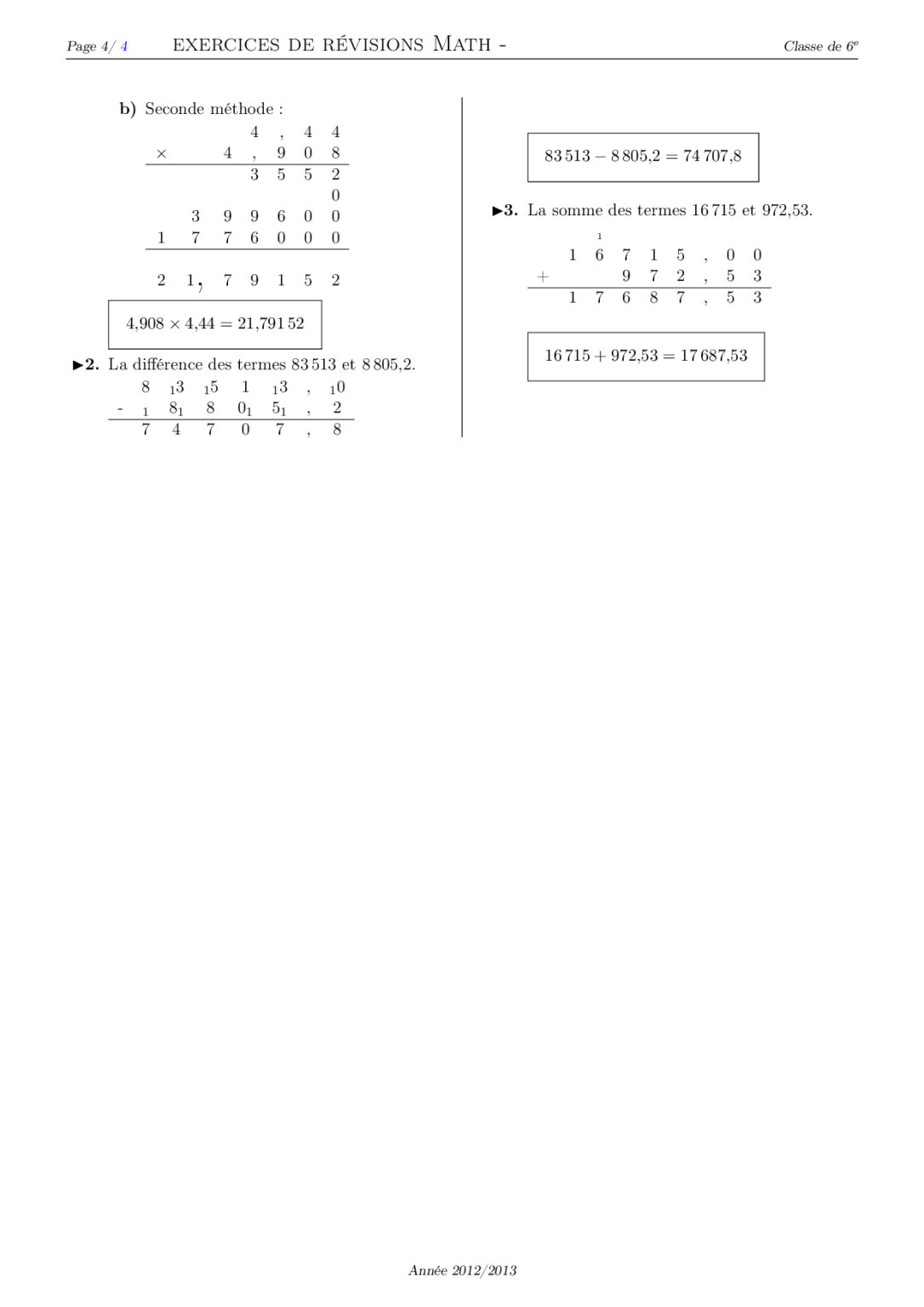 Opérations sur les nombres décimaux 6ème exercices corrigés