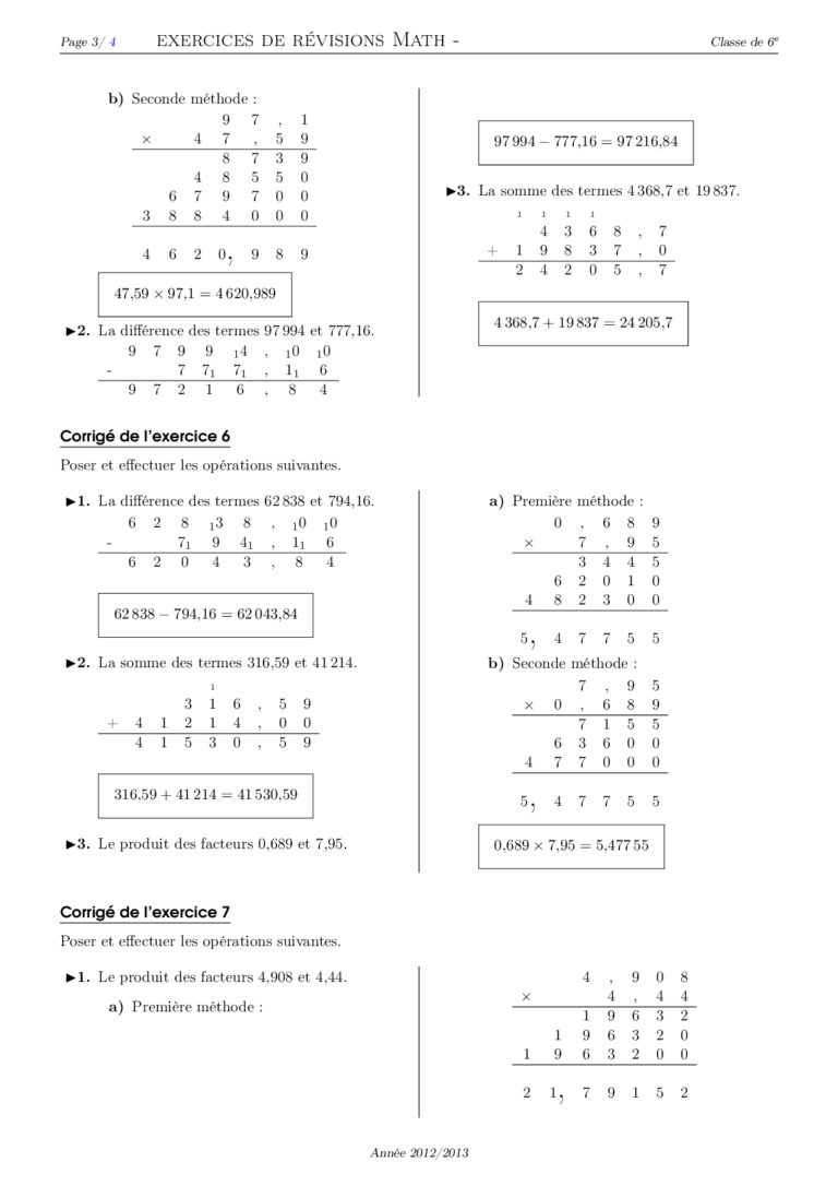 Opérations sur les nombres décimaux 6ème exercices corrigés