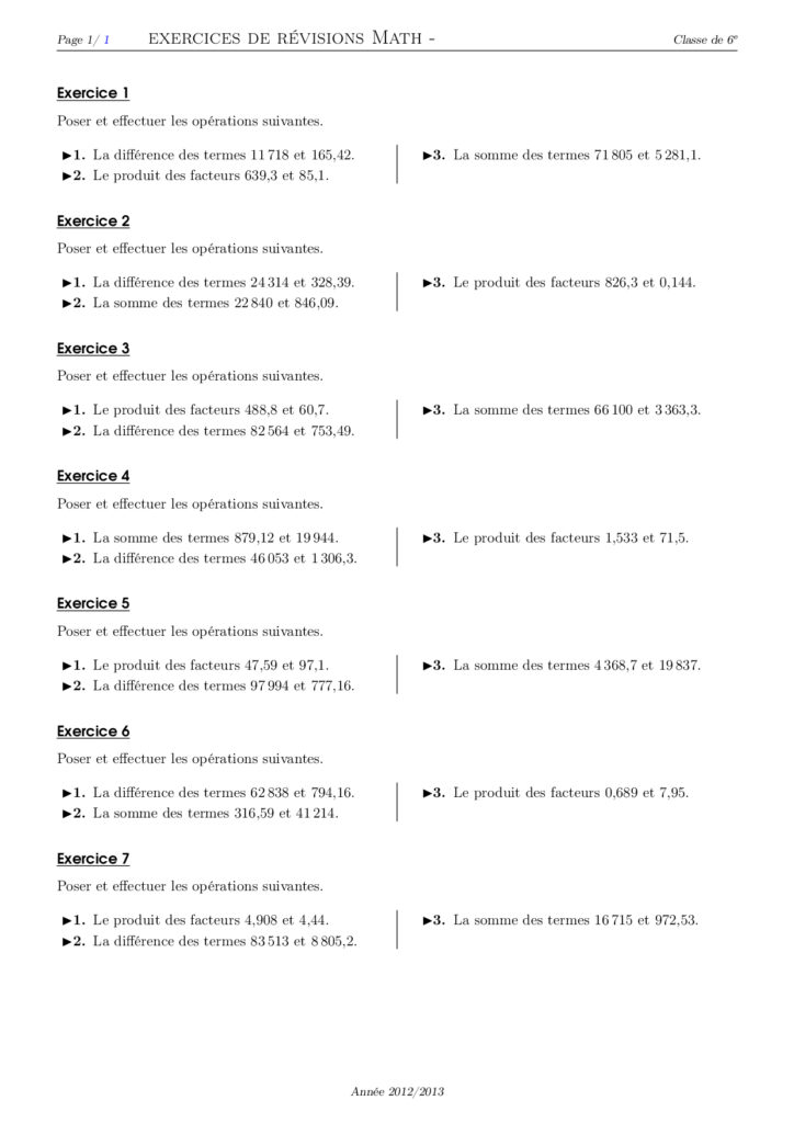 Opérations sur les nombres décimaux 6ème exercices corrigés
