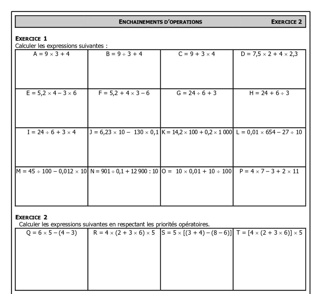 Enchaînements d'opérations 5ème exercices corrigés