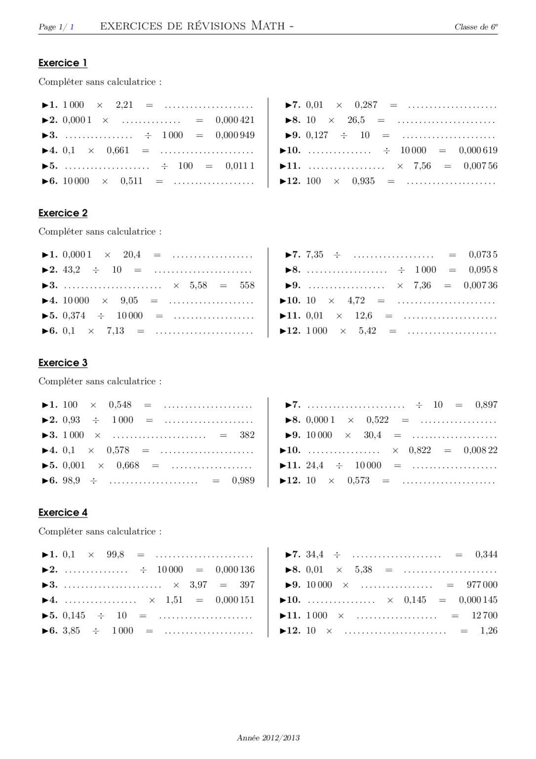 Opérations sur les nombres décimaux 6ème exercices corrigés