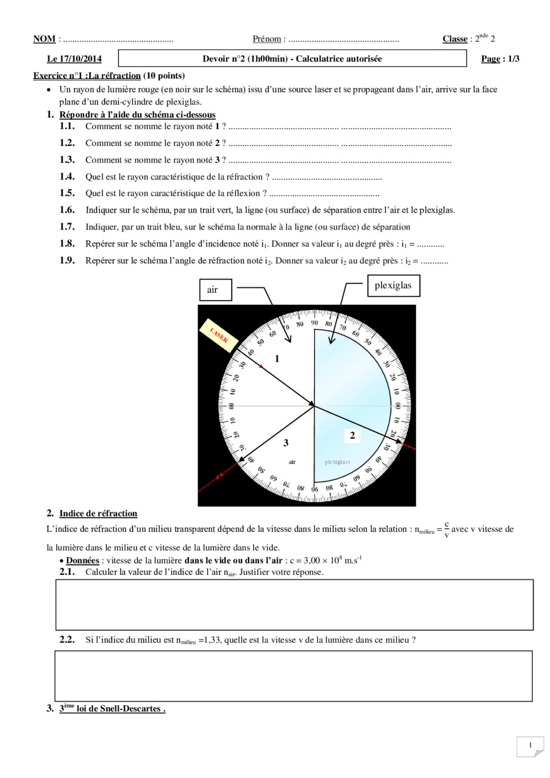 Réfraction et loi de Descartes Physique et Chimie Seconde exercices ...