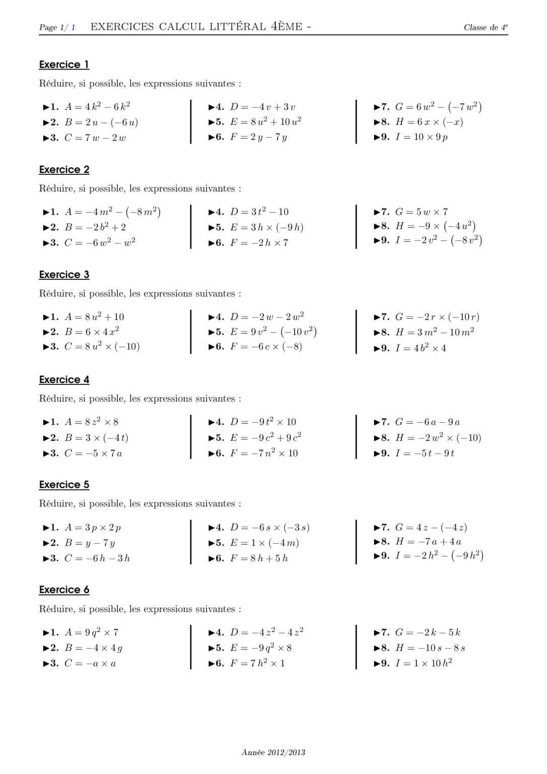 Calcul littéral 4ème exercices corrigés