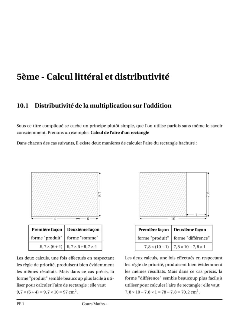 Calcul littéral et distributivité 5ème exercices corrigés