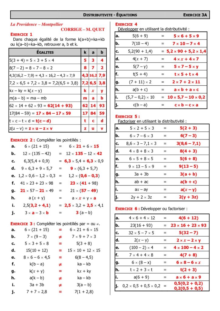 Calcul littéral et distributivité 5ème exercices corrigés
