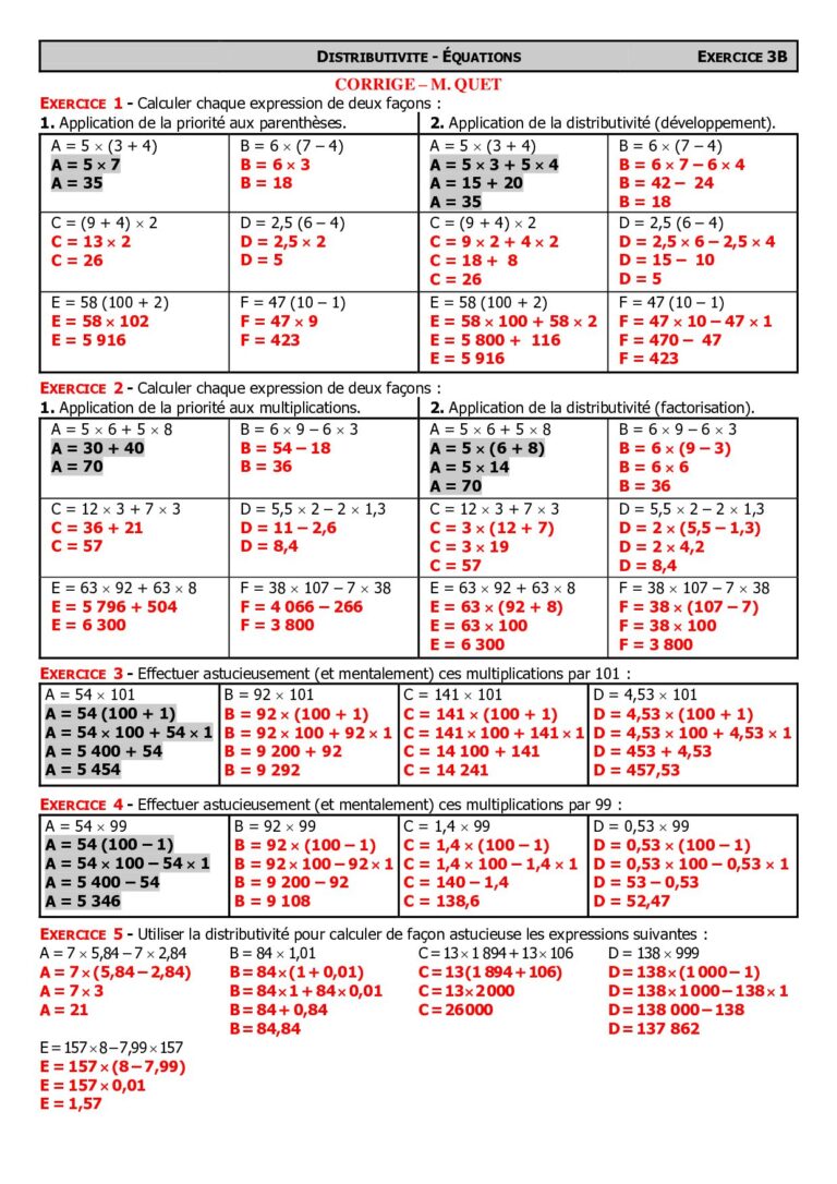 Calcul littéral et distributivité 5ème exercices corrigés