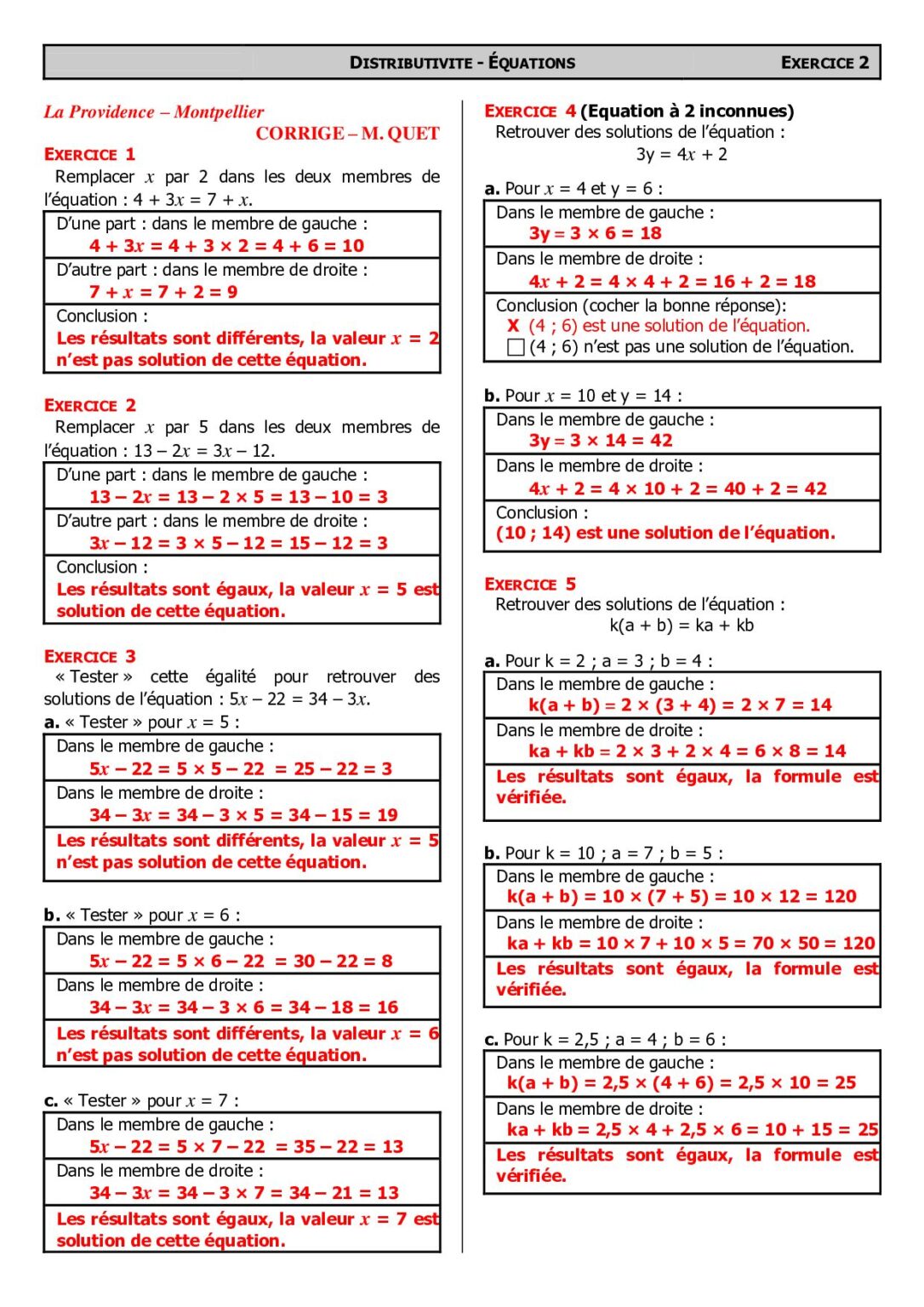 Calcul littéral et distributivité 5ème exercices corrigés