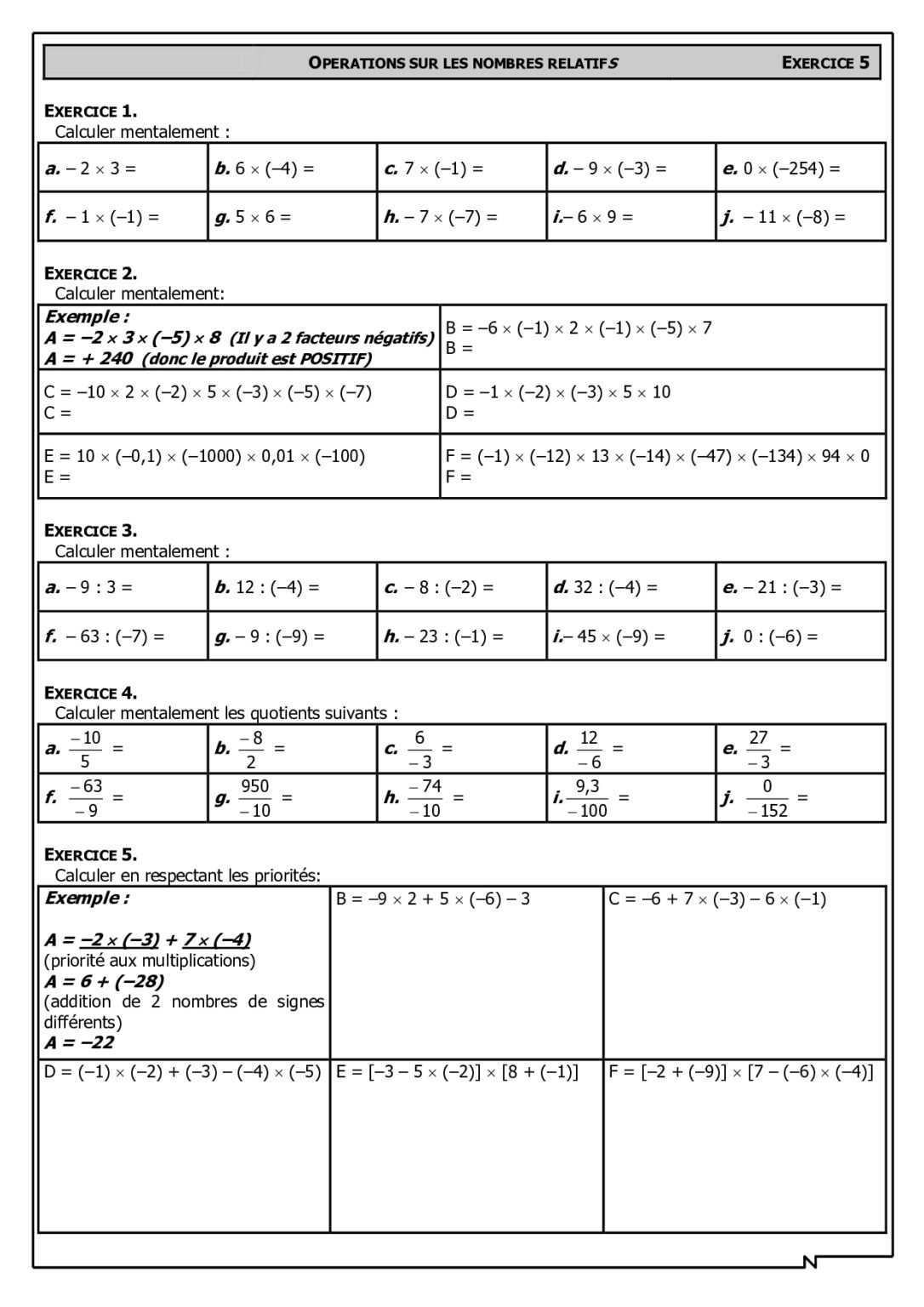 Opérations sur les nombres relatifs 4ème exercices corrigés - Dyrassa