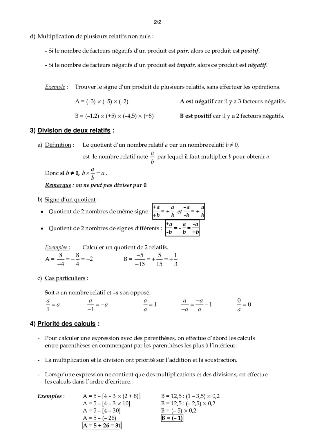 Opérations sur les nombres relatifs 4ème exercices corrigés