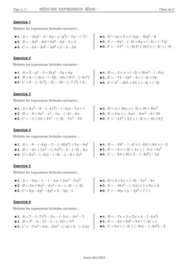 Calcul littéral 4ème exercices corrigés