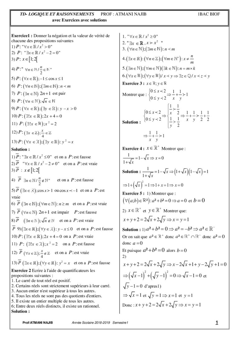 Logique mathématique exercices corrigés tronc commun biof