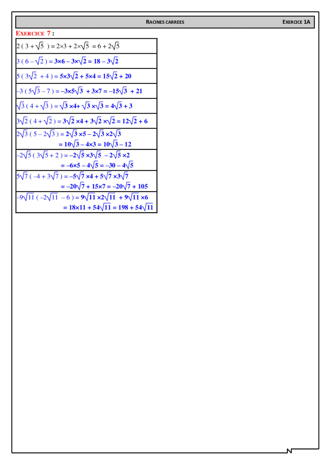 Racine Carrée: exercices corrigés 3AC - Dyrassa : parcours international