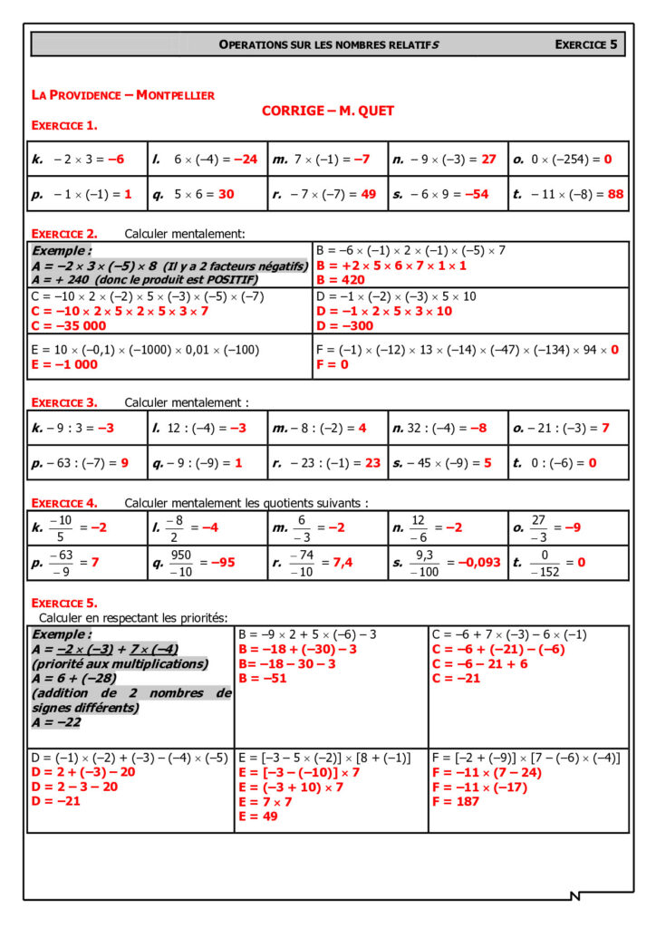 Opérations sur les Nombres relatifs : 1ère année collège biof - Dyrassa