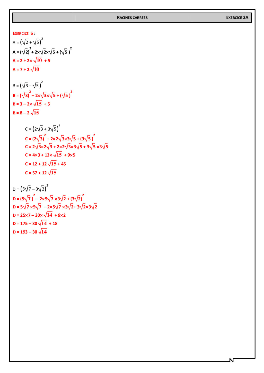 Racine Carrée: exercices corrigés 3AC - Dyrassa : parcours international