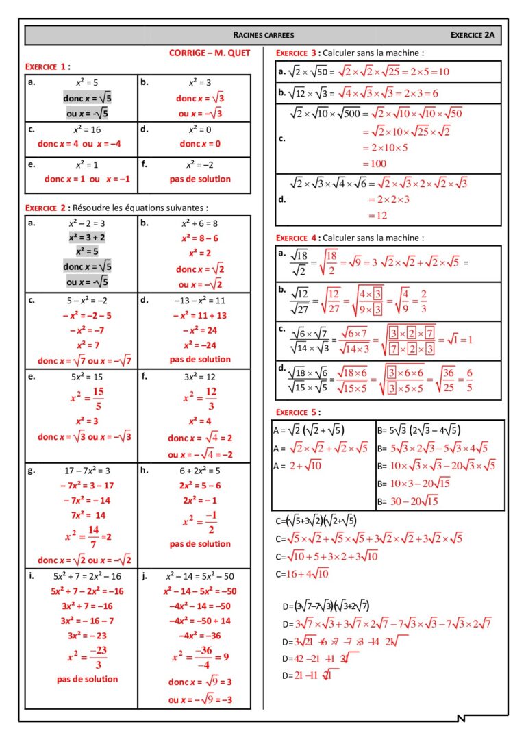 Racine Carrée: exercices corrigés 3AC - Dyrassa : parcours international