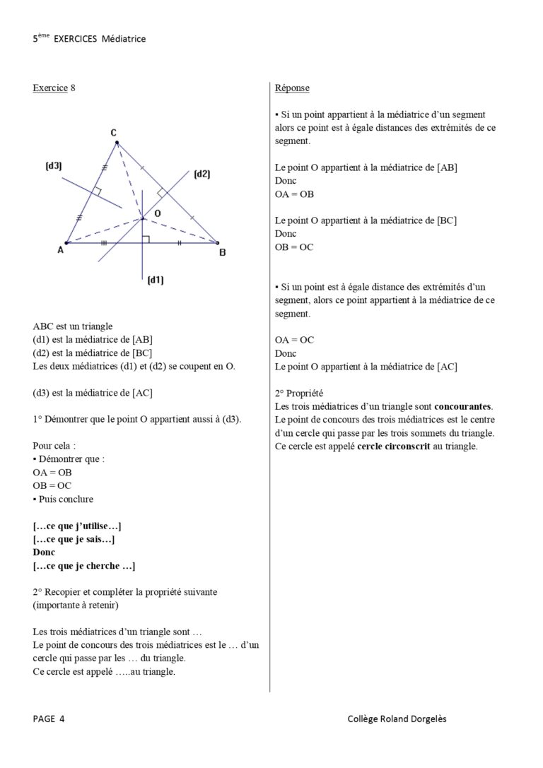 Inégalité triangulaire et médiatrice 1AC exercices corrigés - Dyrassa