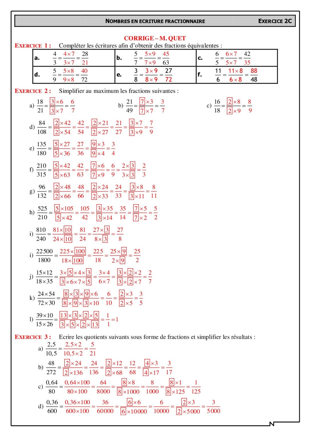 Fraction 1ère année collège exercices corrigés