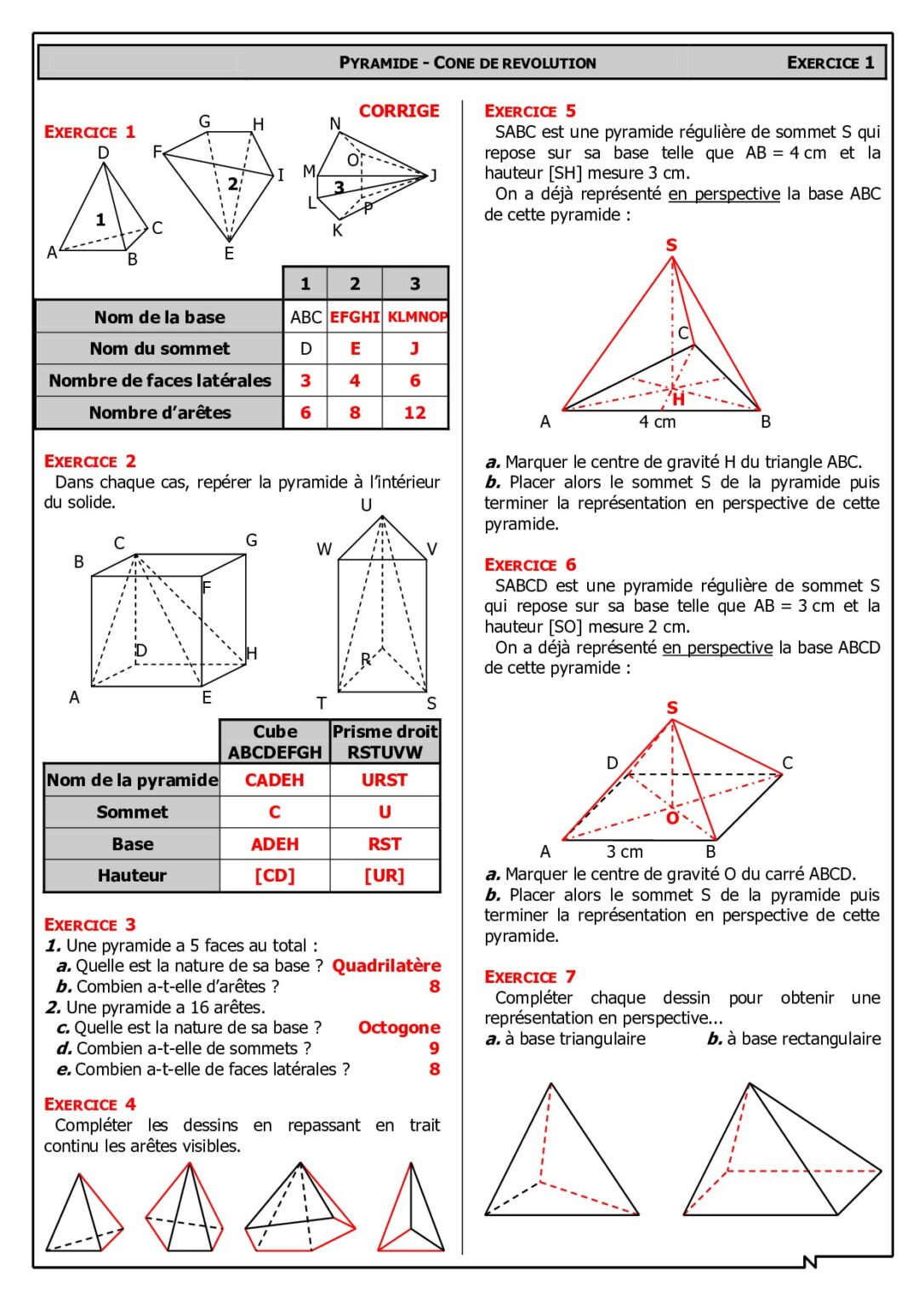 Pyramide et cône de révolution exercices corrigés pour 2AC biof
