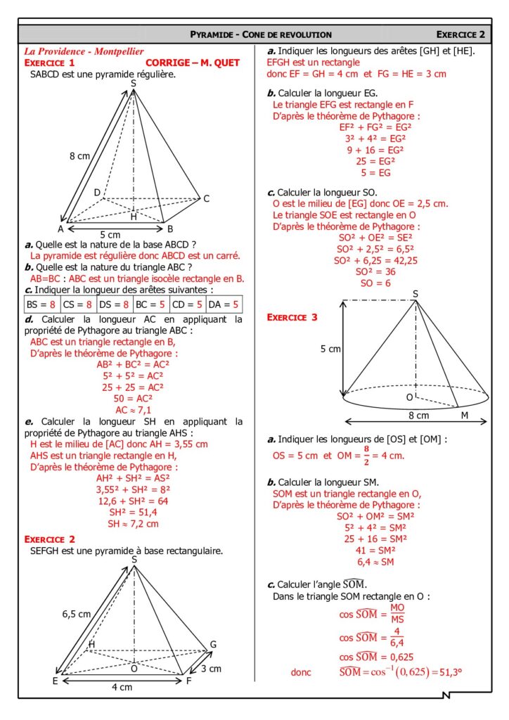 Pyramide et cône de révolution exercices corrigés pour 2AC biof