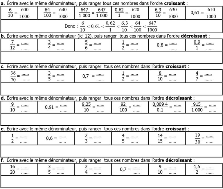 Les nombres en écriture fractionnaire : cours et exercices corrigés